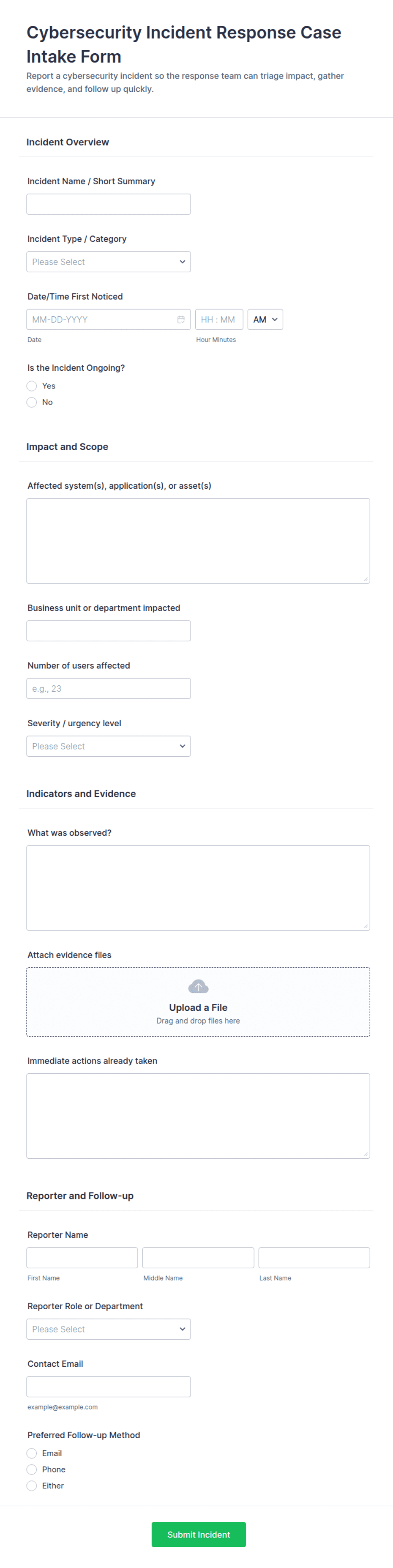 Cybersecurity Incident Response Case Intake Form Template | Jotform
