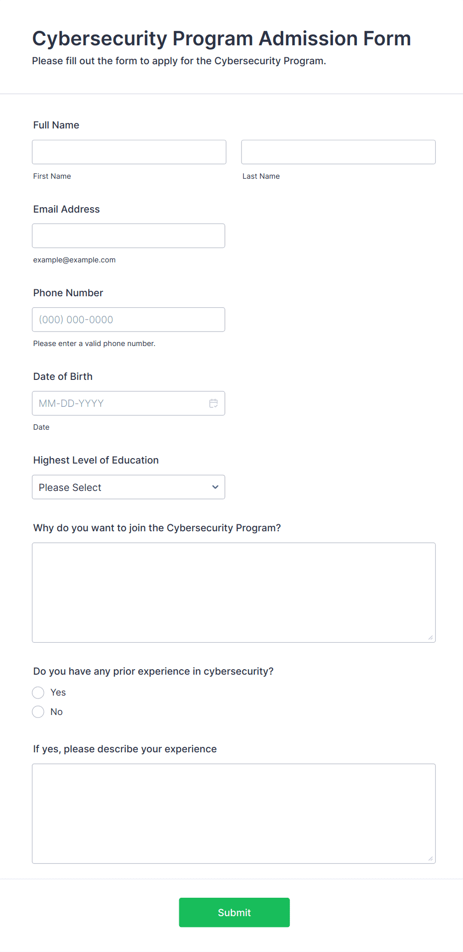 Cybersecurity Program Admission Form Template | Jotform