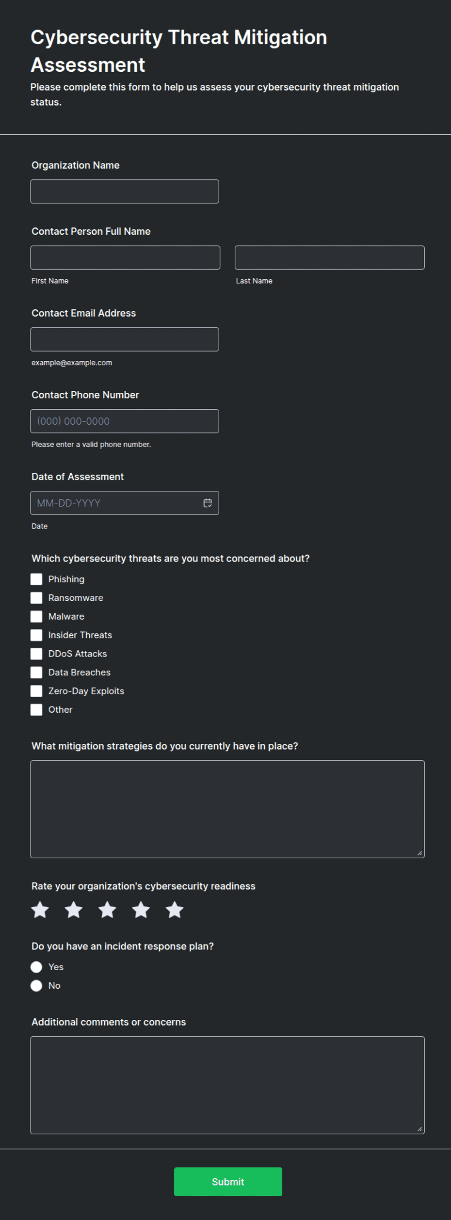Cybersecurity Threat Mitigation Assessment Form Template | Jotform