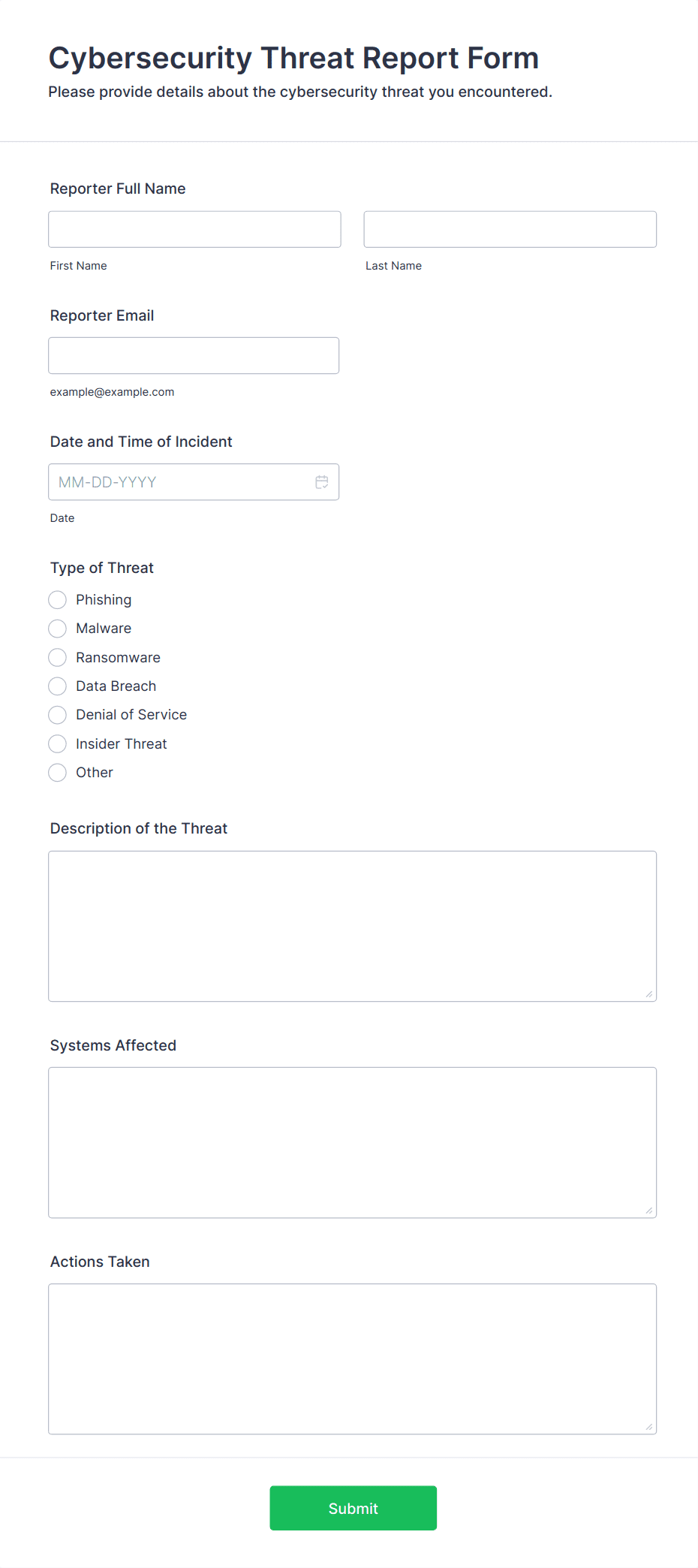 Cybersecurity Threat Report Form Template | Jotform