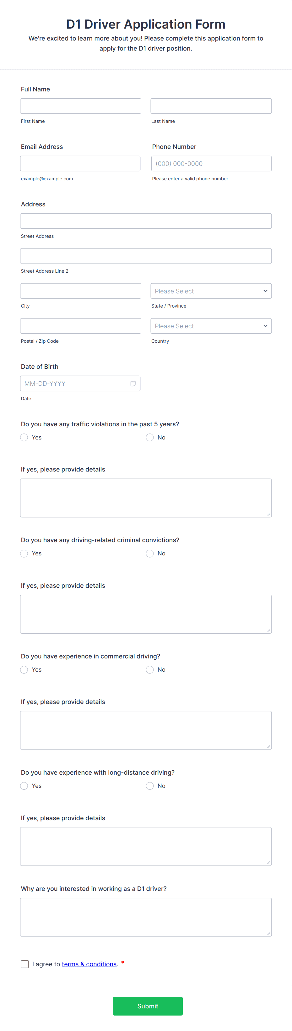 D1 Driver Application Form Template | Jotform