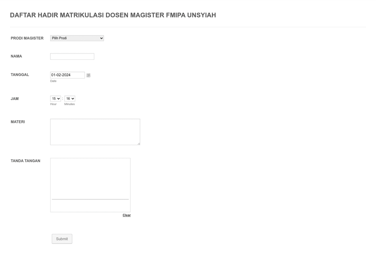 Daftar Hadir Matrikulasi Dosen Magister Fmipa Unsyiah Template Formulir | Jotform