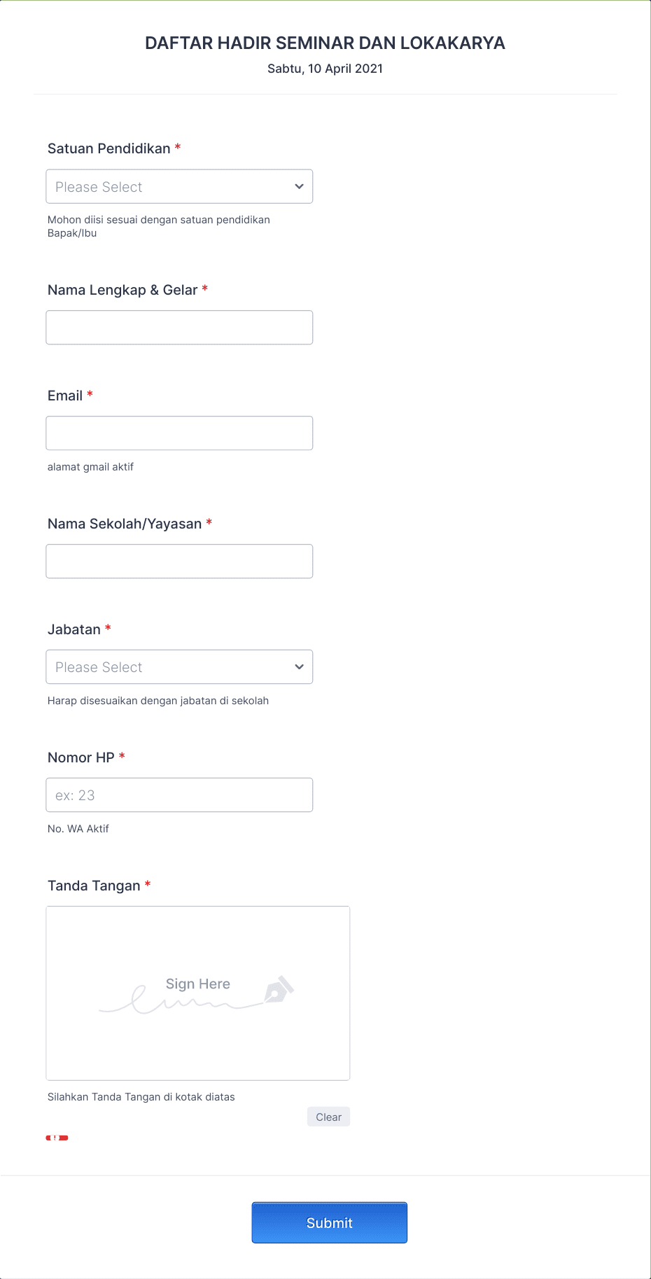 Daftar Hadir Seminar Dan Lokakarya Template Formulir | Jotform