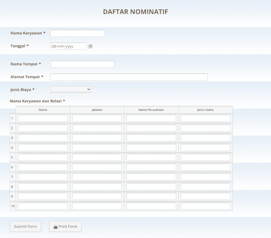 Daftar Nominatif Template Formulir | Jotform