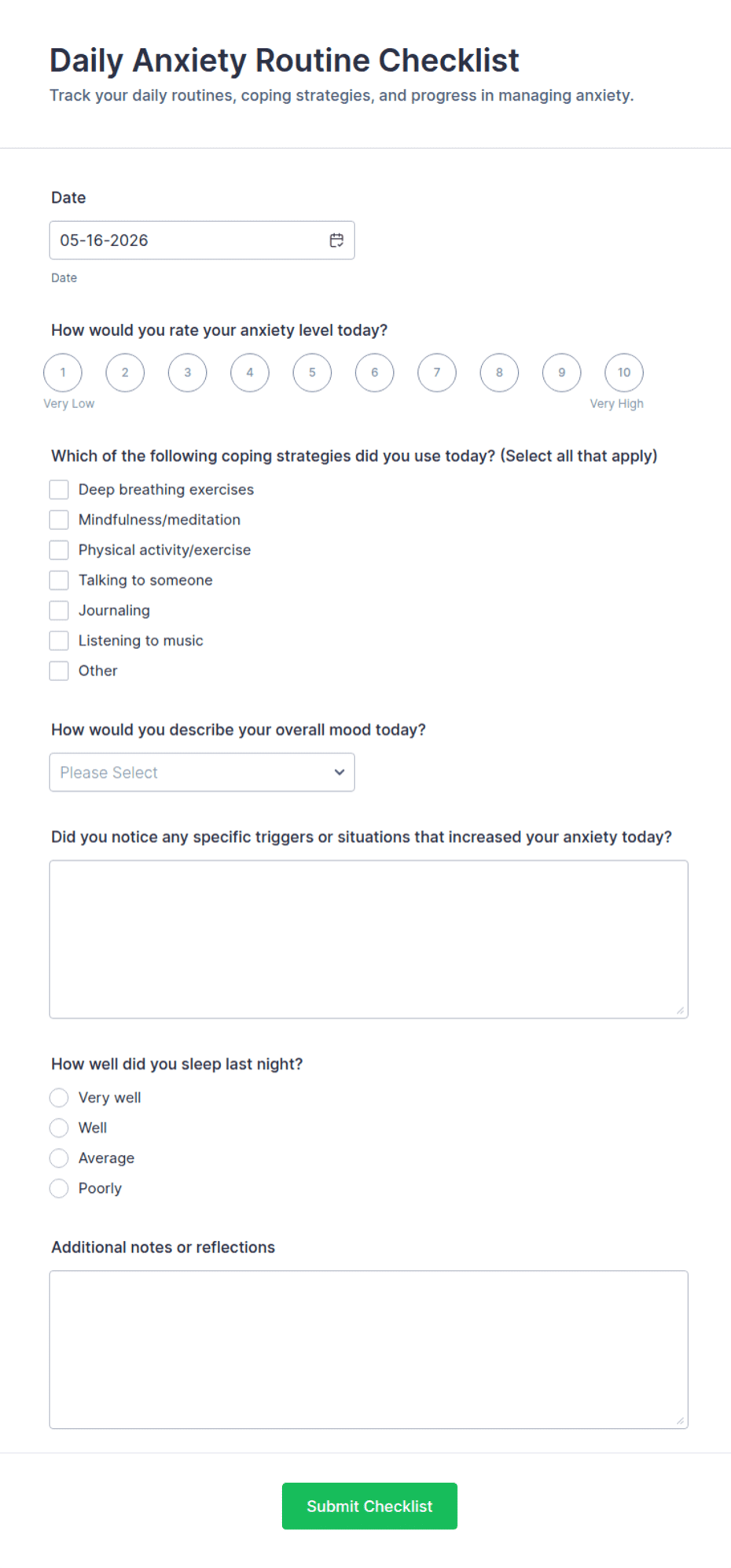 Daily Anxiety Routine Checklist Form Template | Jotform