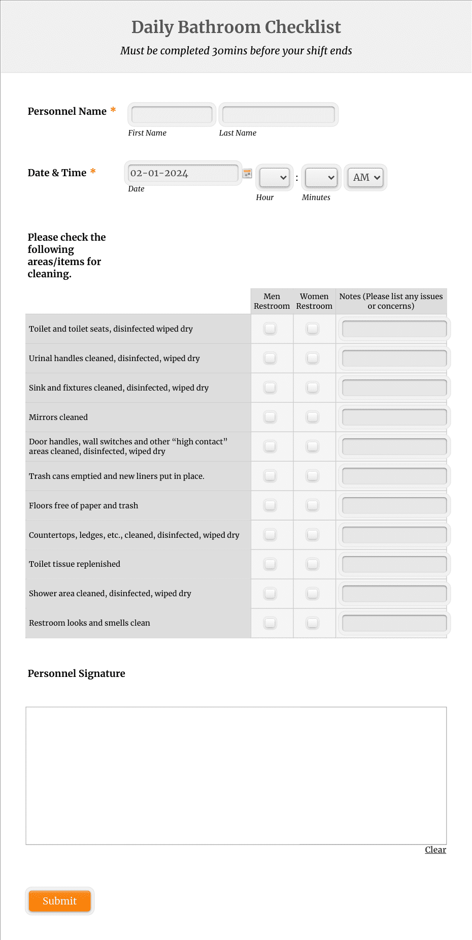 Daily Bathroom Checklist Form Template | Jotform