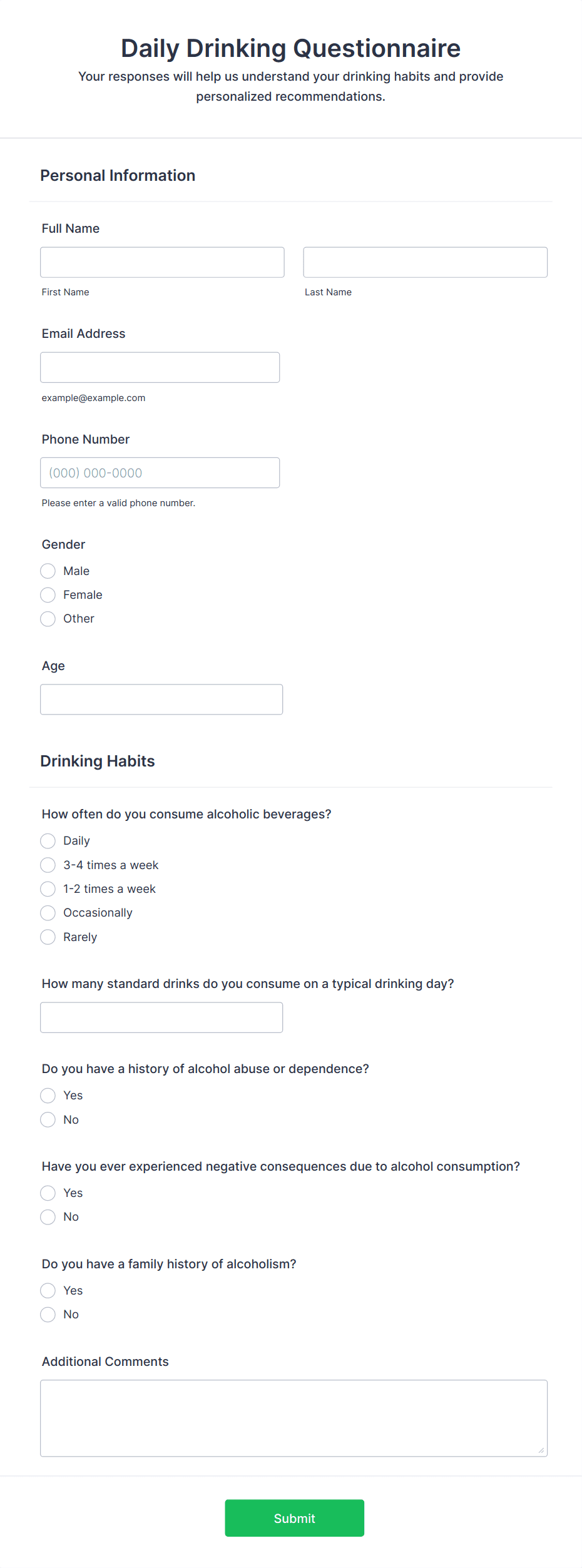 Daily Drinking Questionnaire Form Template | Jotform