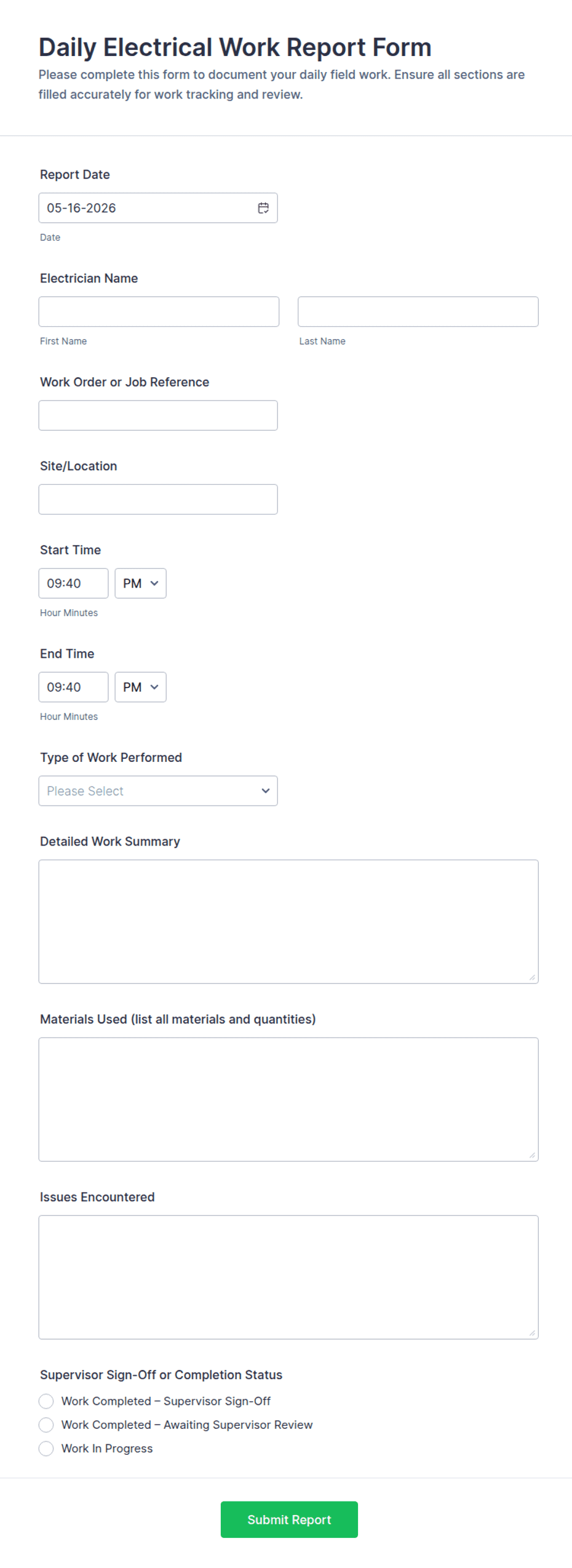 Daily Electrical Work Report Form Template | Jotform