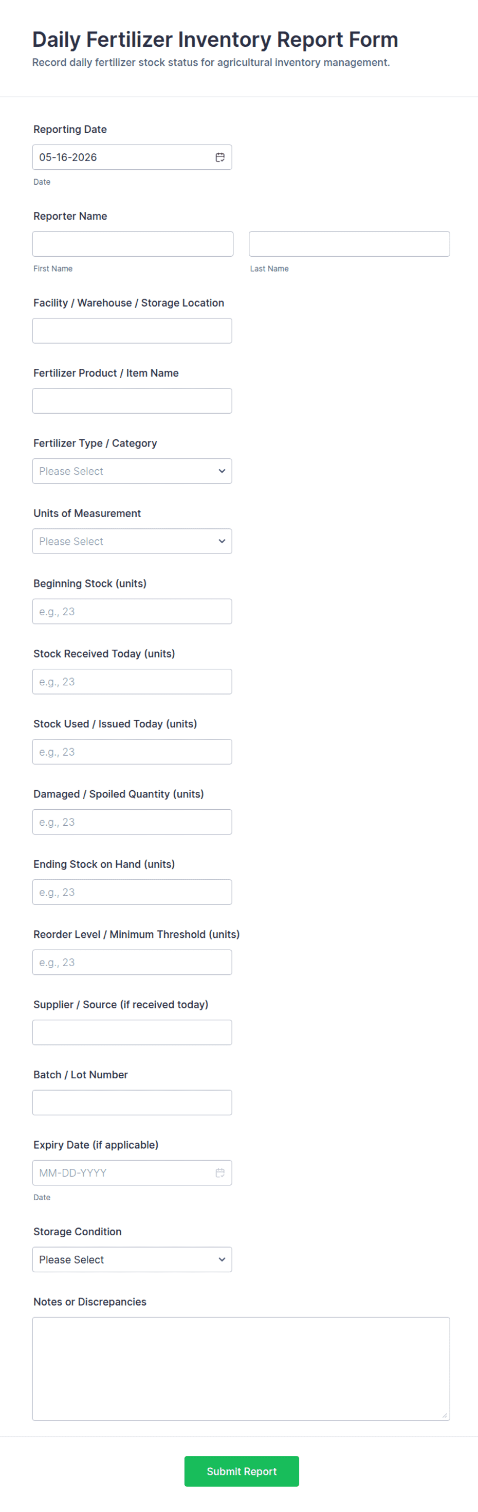 Daily Fertilizer Inventory Report Form Template | Jotform