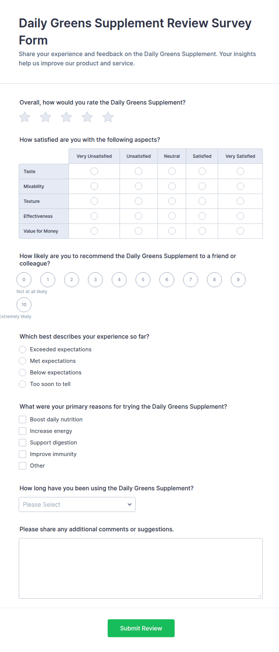 Daily Greens Supplement Review Form Template | Jotform