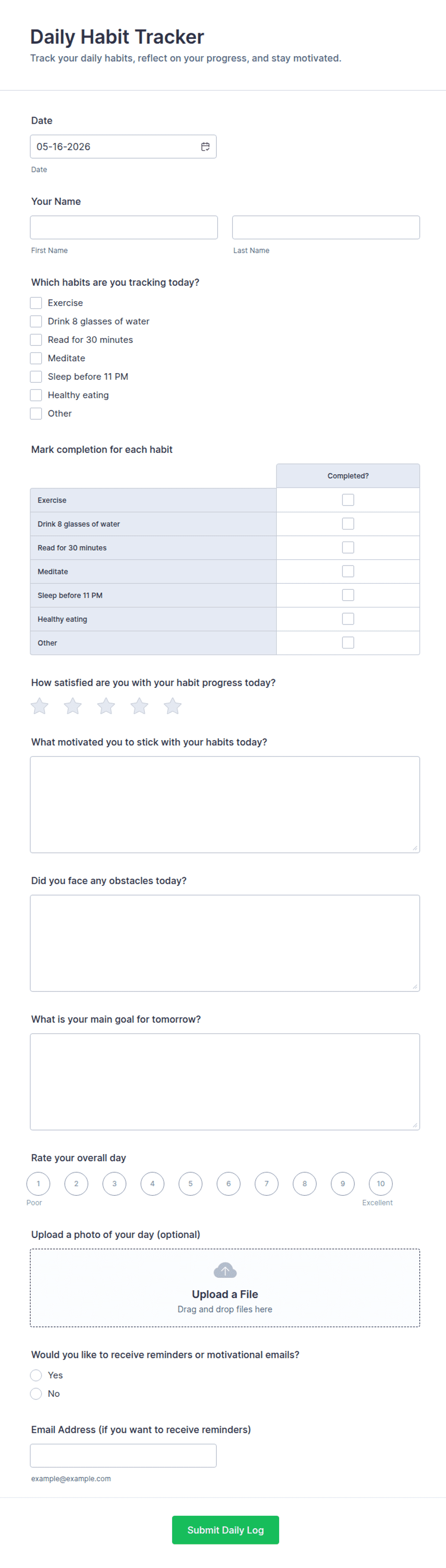 Daily Habit Tracker Form Template | Jotform