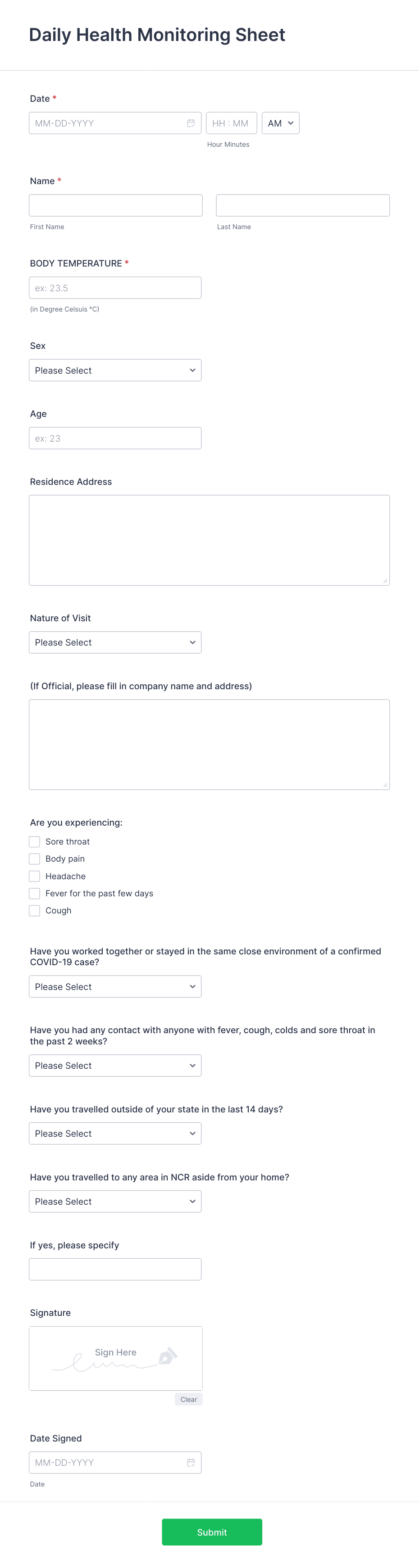 Daily Health Monitoring Sheet Form Template | Jotform
