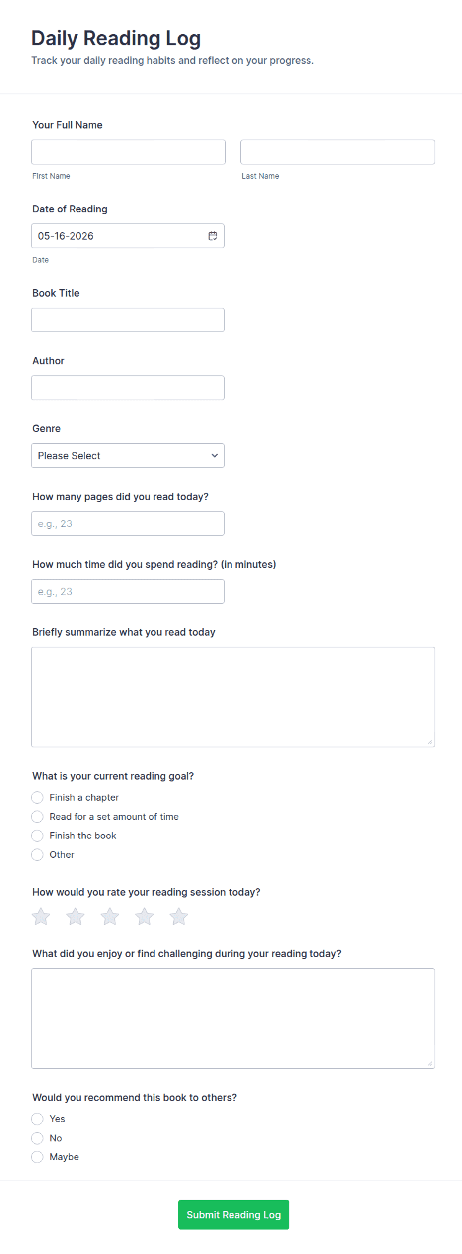 Daily Reading Log Form Template | Jotform