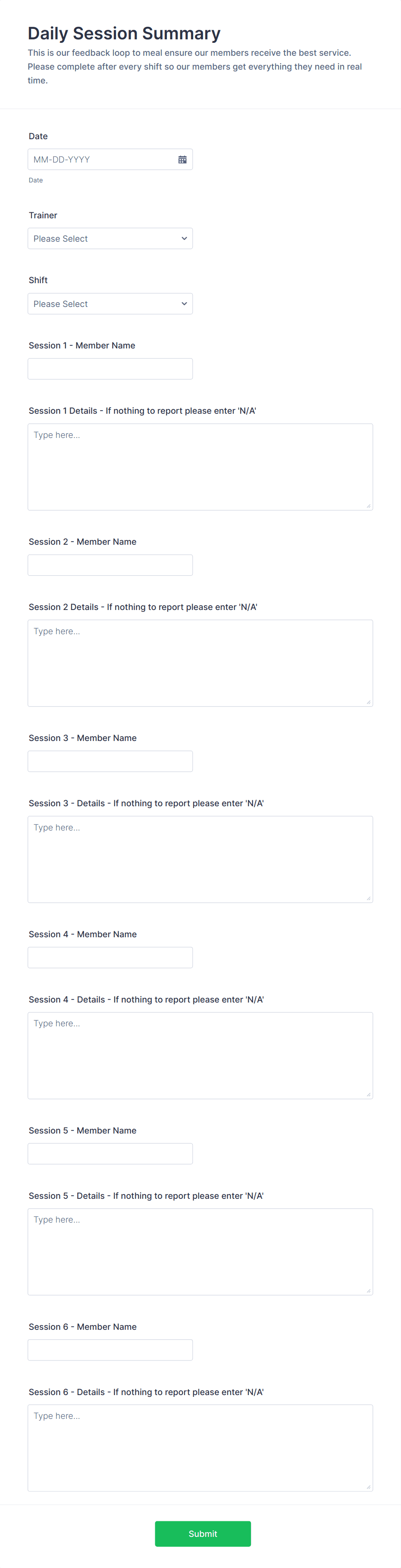 Daily Session Summary Form Template | Jotform