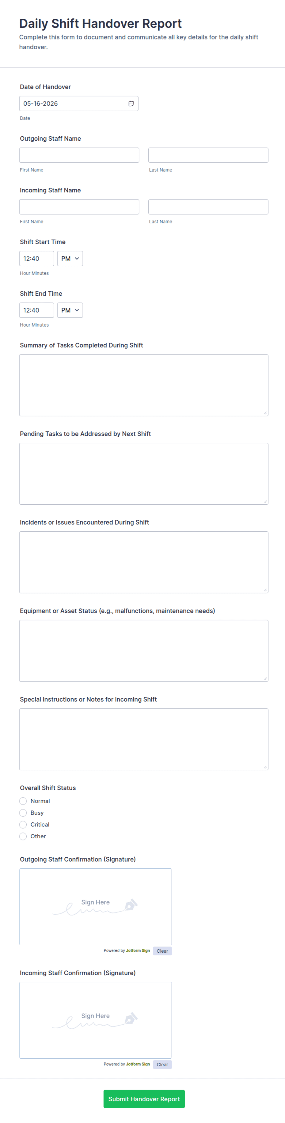 Daily Shift Handover Report Form Template | Jotform