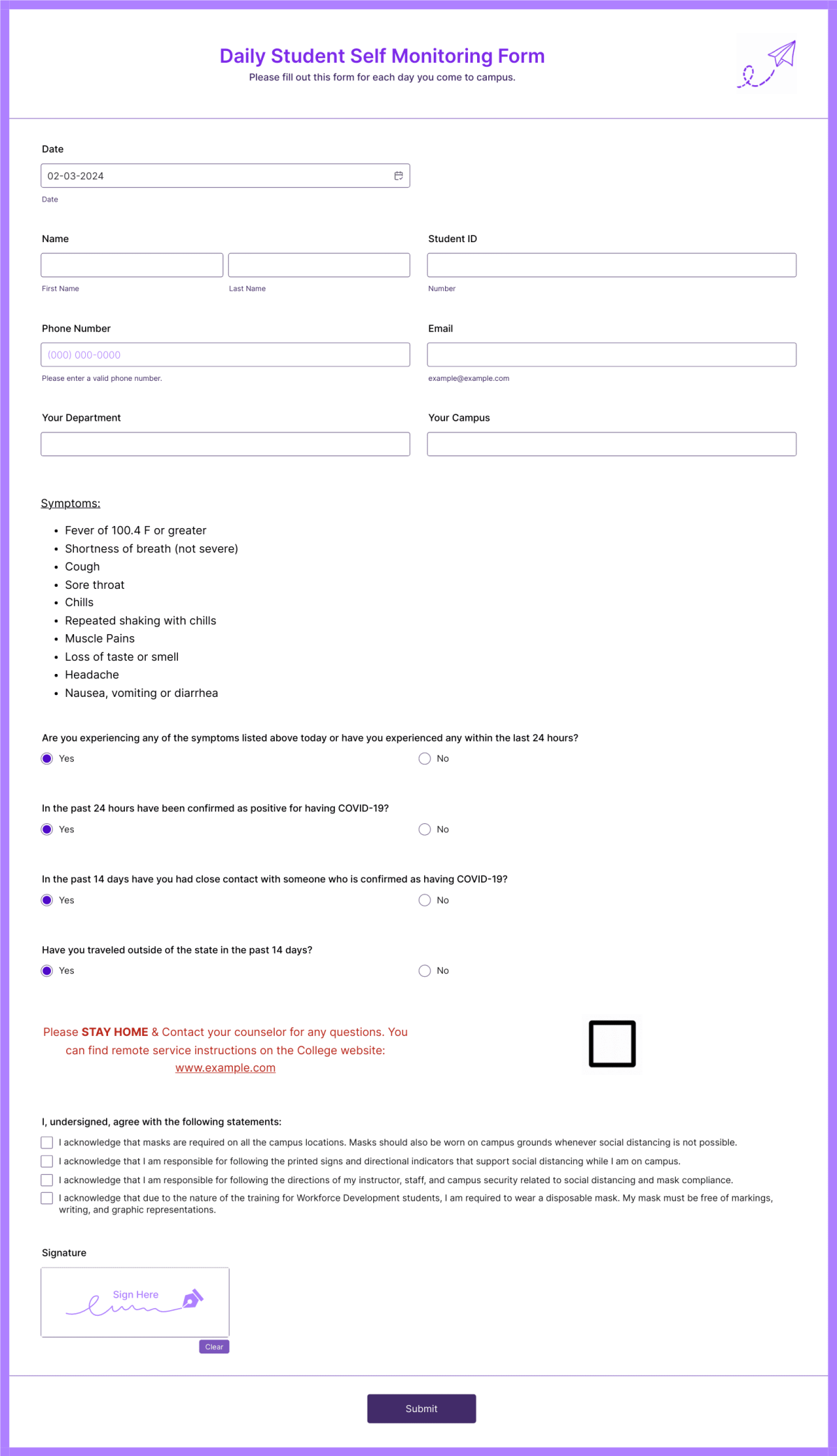 Daily Student Self Monitoring Form Template | Jotform