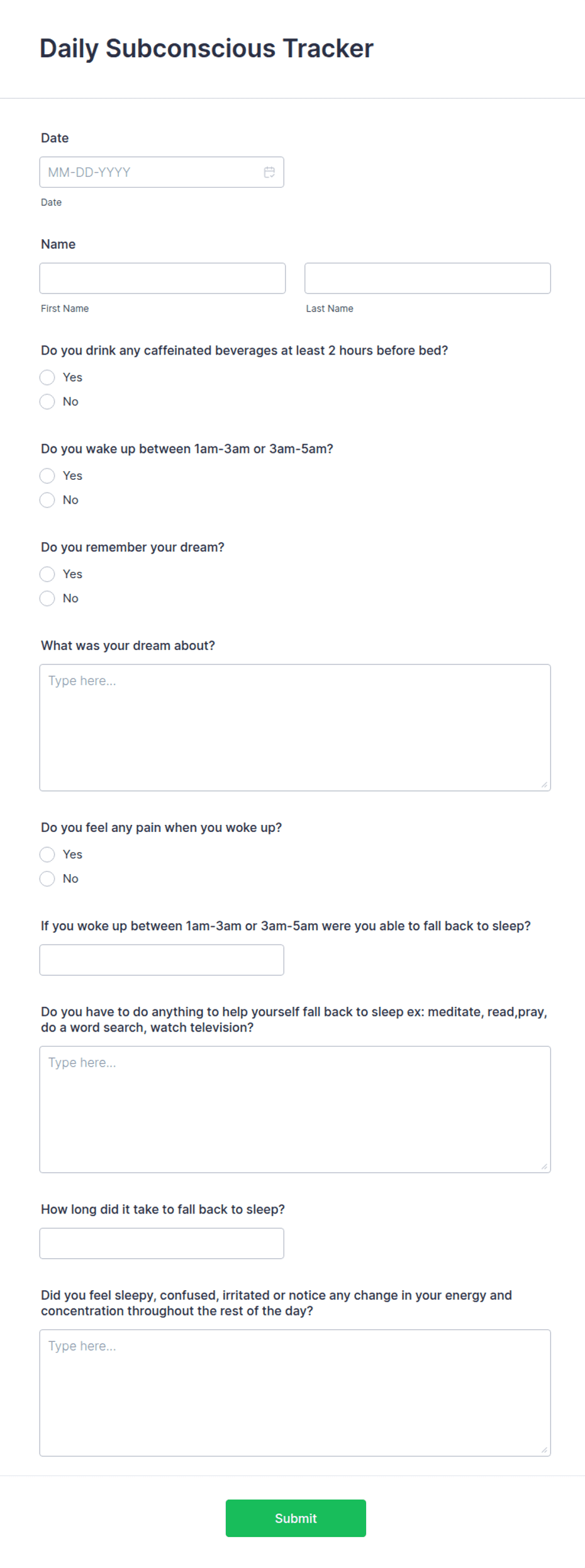 Daily Subconscious Tracker Form Template | Jotform