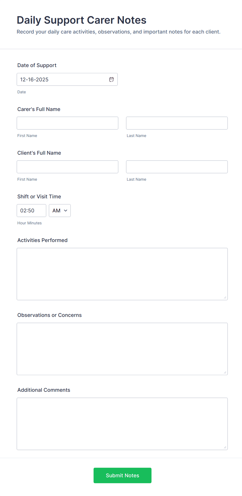 Daily Support Carer Notes Form Template | Jotform