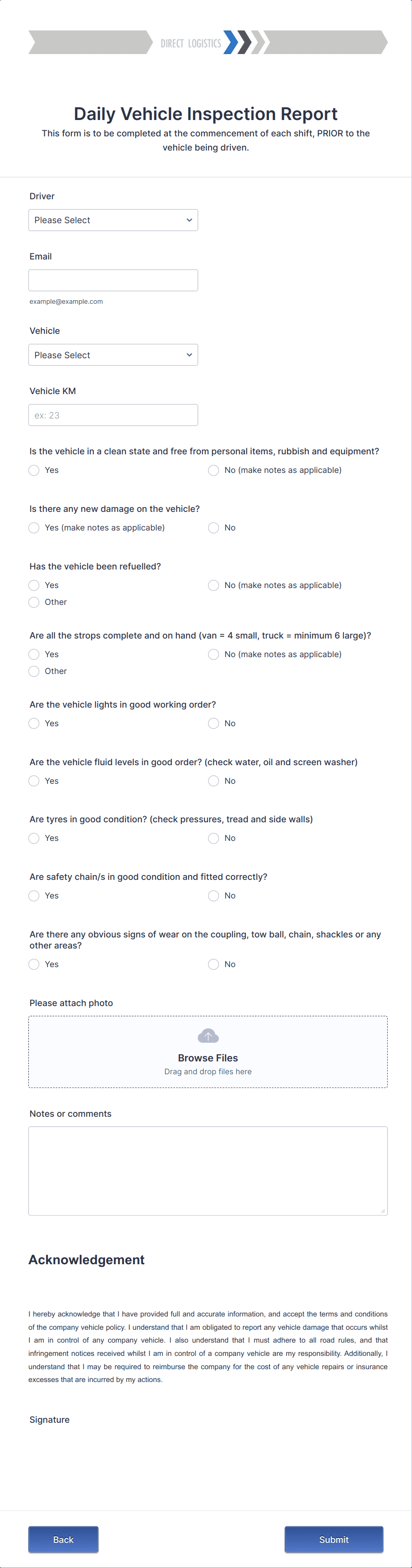 Daily Vehicle Inspection Report Form Template | Jotform