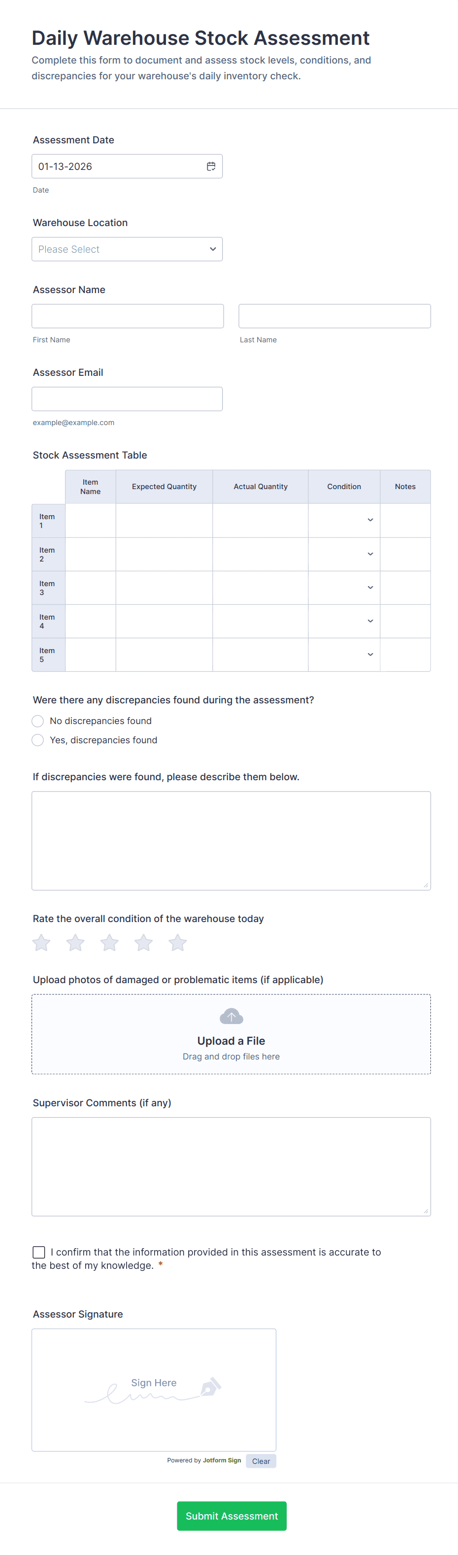 Daily Warehouse Stock Assessment Form Template | Jotform