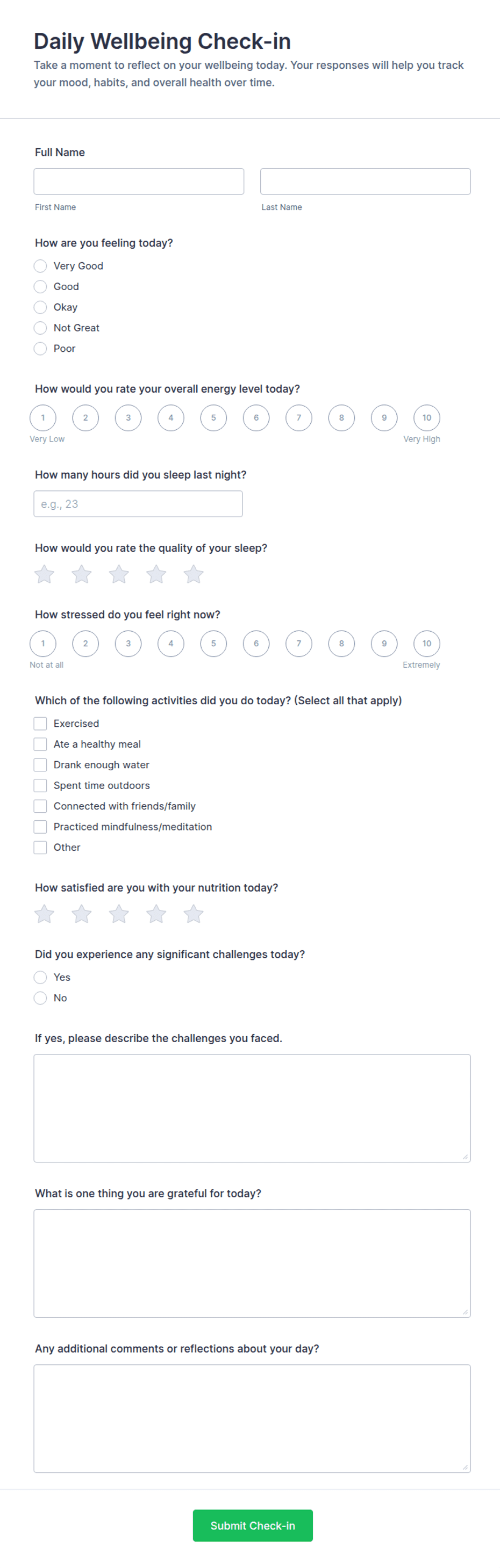 Daily Wellbeing Check-in Form Template | Jotform