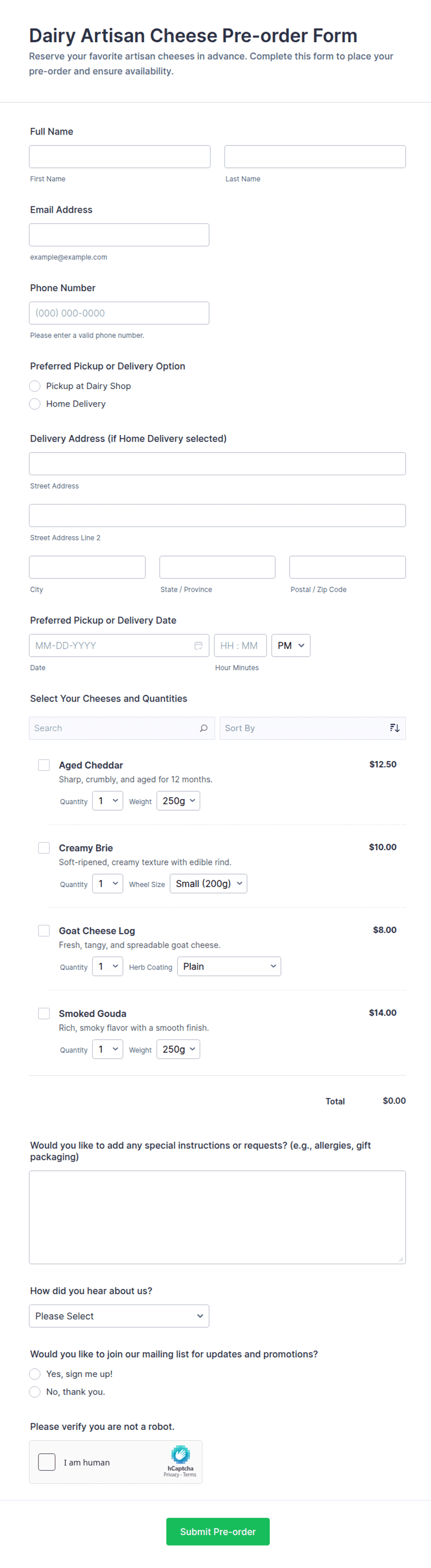 Dairy Artisan Cheese Pre-order Form Template | Jotform