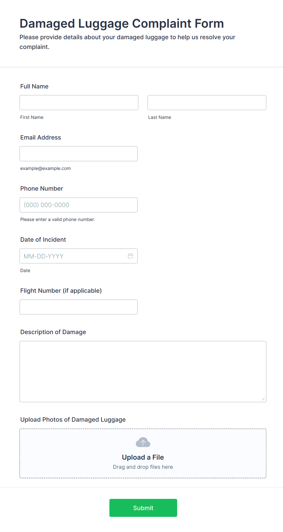 Damaged Luggage Complaint Form Template | Jotform