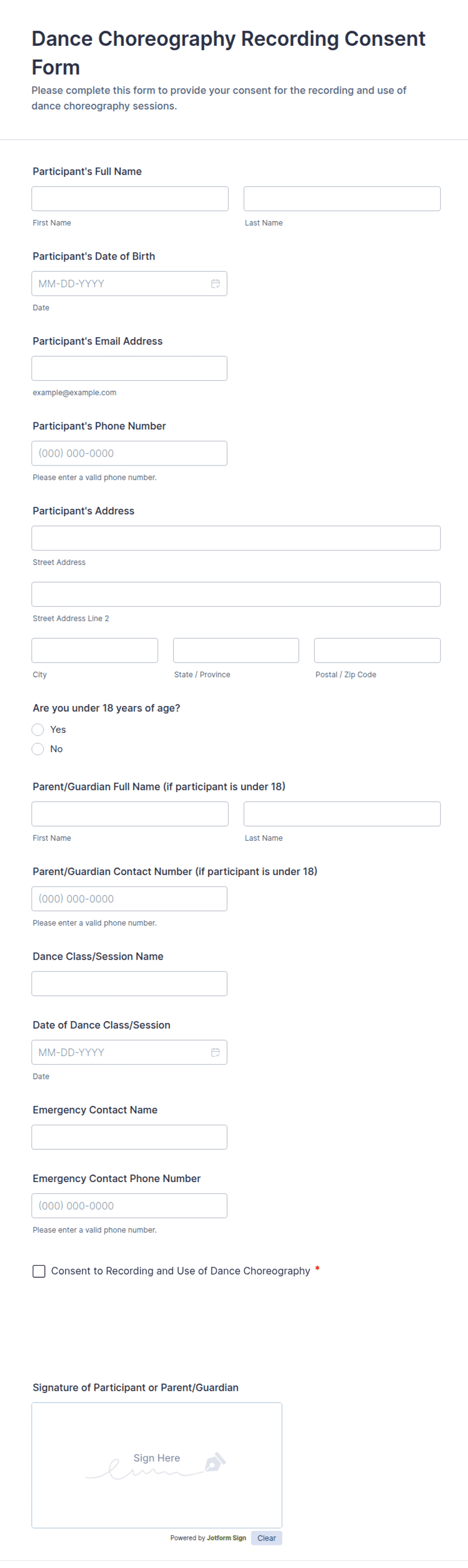 Dance Choreography Recording Consent Form Template | Jotform