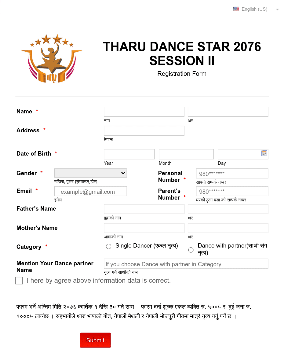 Dance Competition Registration Form in Hindi Form Template | Jotform