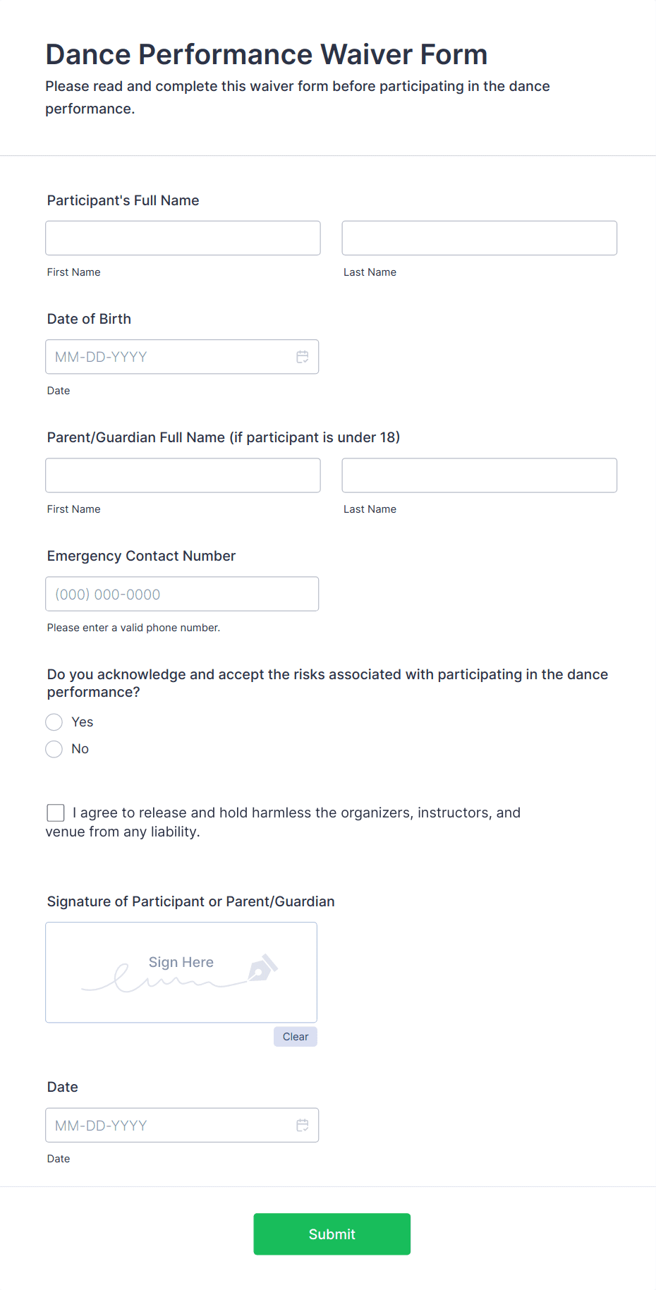 Dance Performance Waiver Form Template | Jotform
