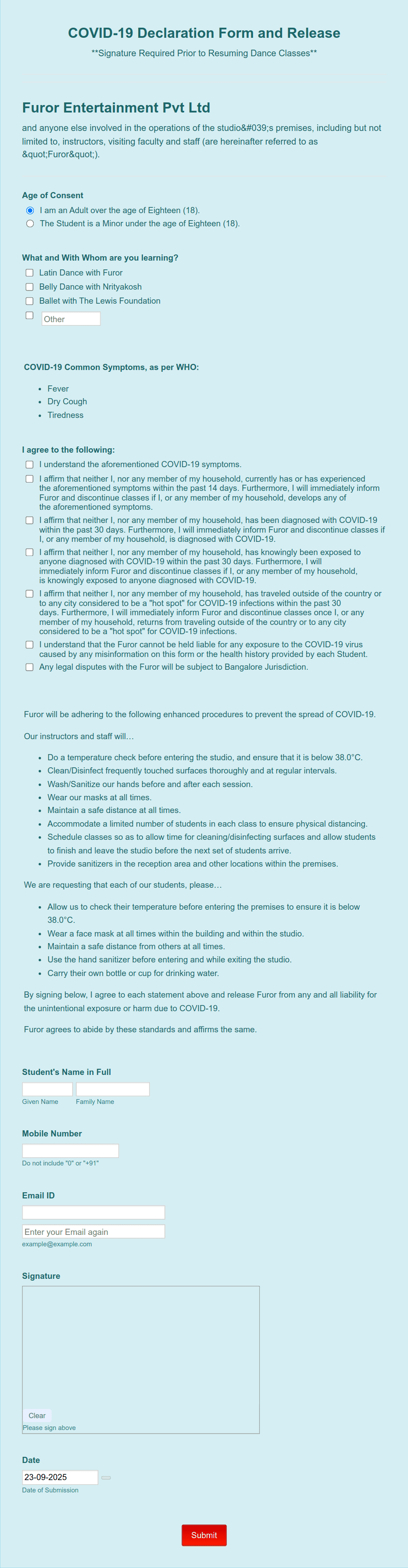 Dance Studio COVID-19 Release Form Template | Jotform