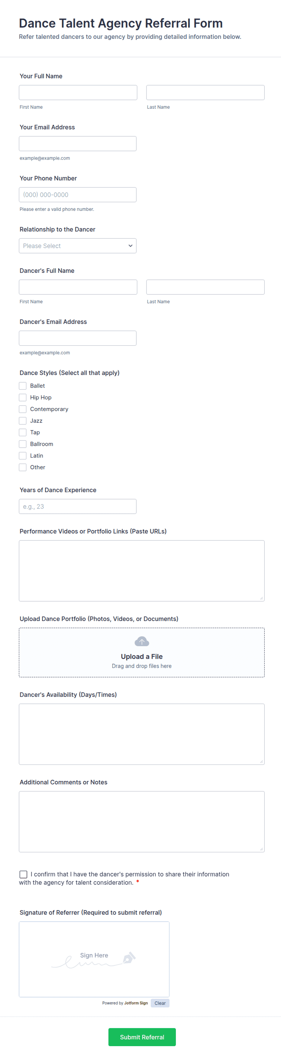 Dance Talent Agency Referral Form Template | Jotform