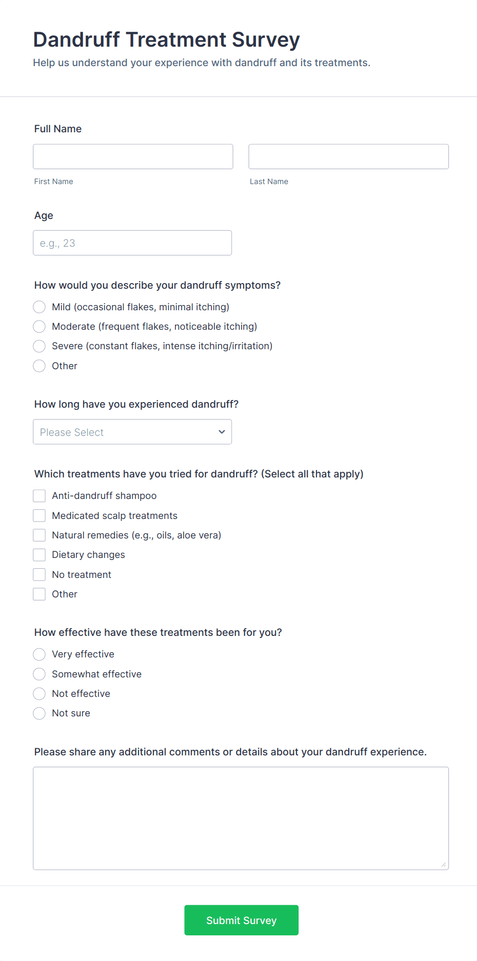 Dandruff Treatment Survey Form Template | Jotform