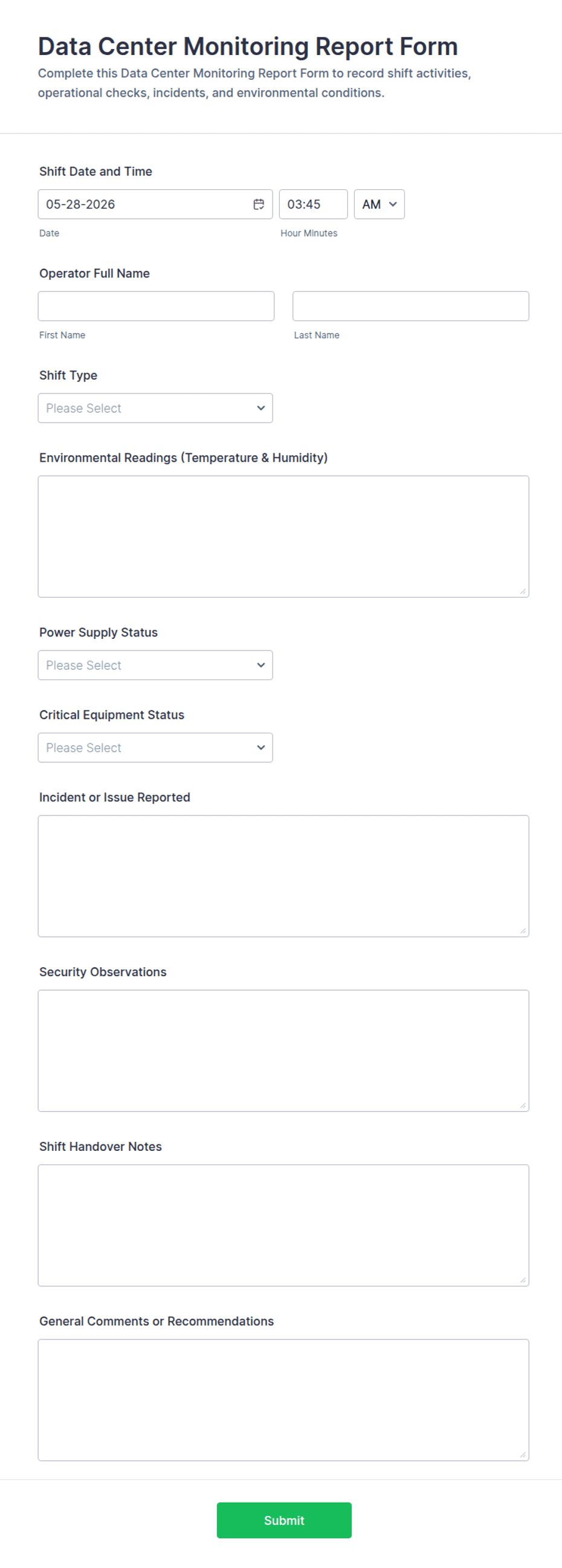 Data Center Monitoring Report Form Template | Jotform