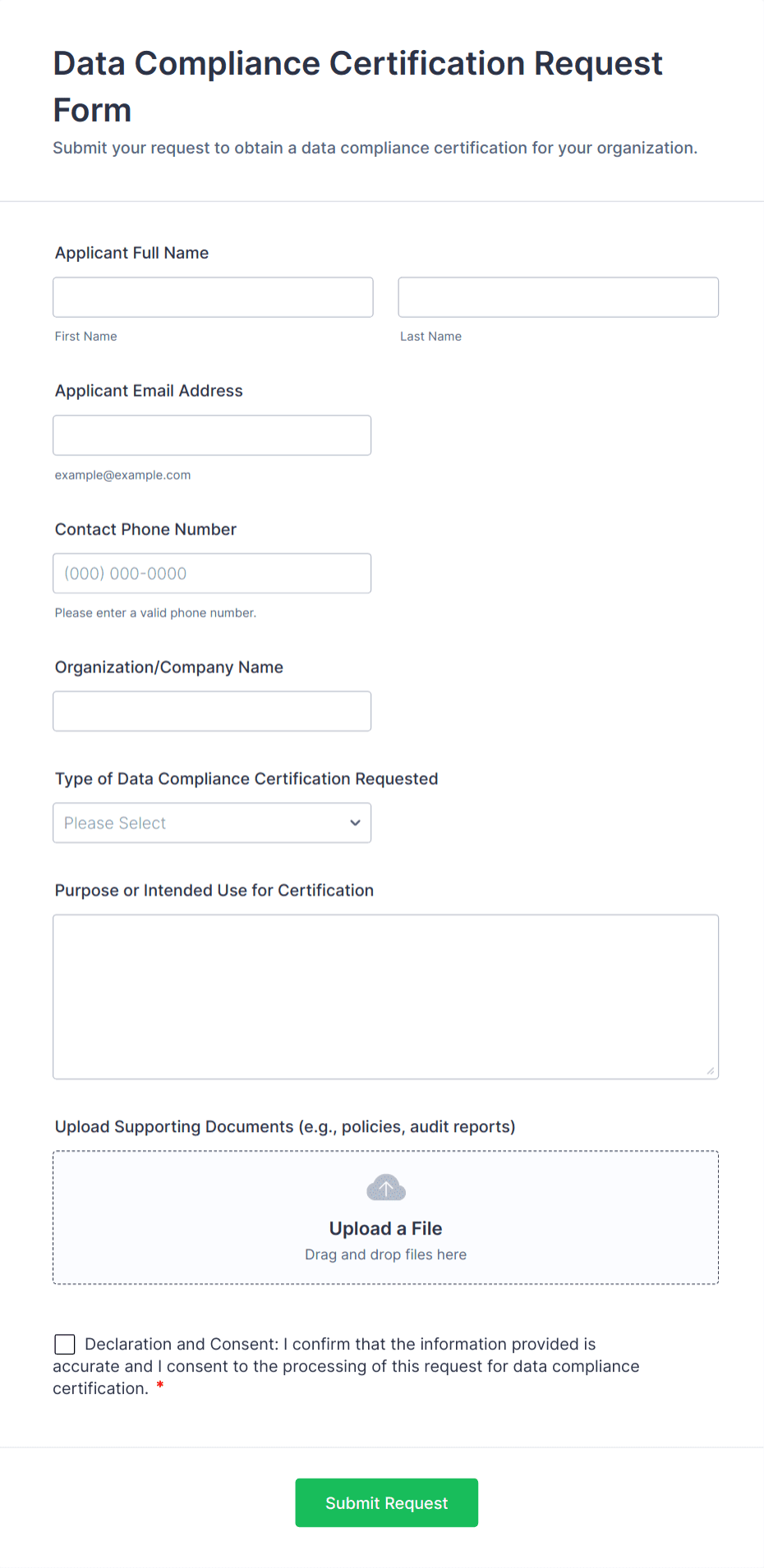 Data Compliance Certification Request Form Template | Jotform