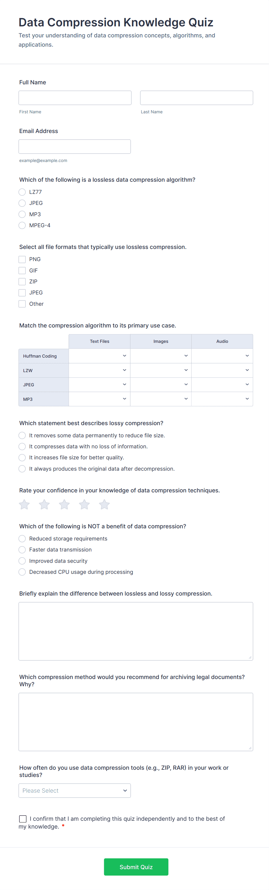 Data Compression Knowledge Quiz Form Template | Jotform