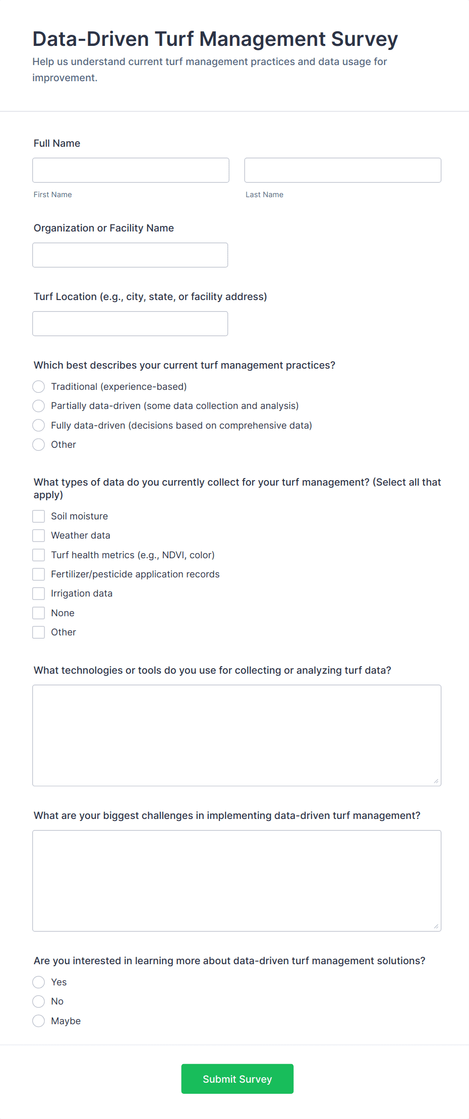 Data-Driven Turf Management Survey Form Template | Jotform