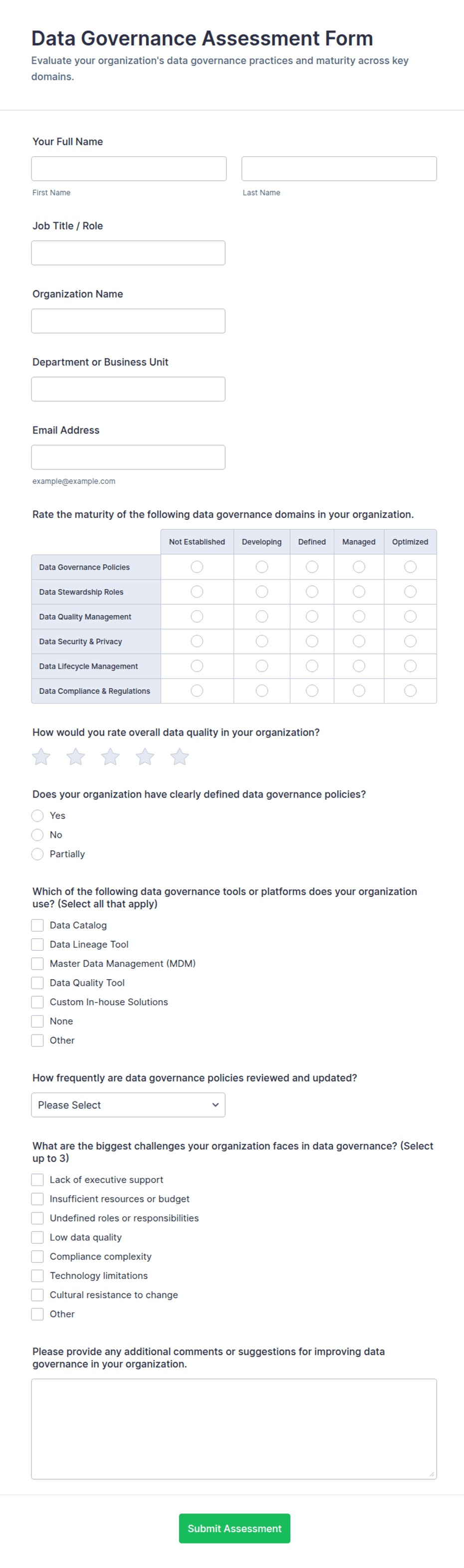 Data Governance Assessment Form Template | Jotform