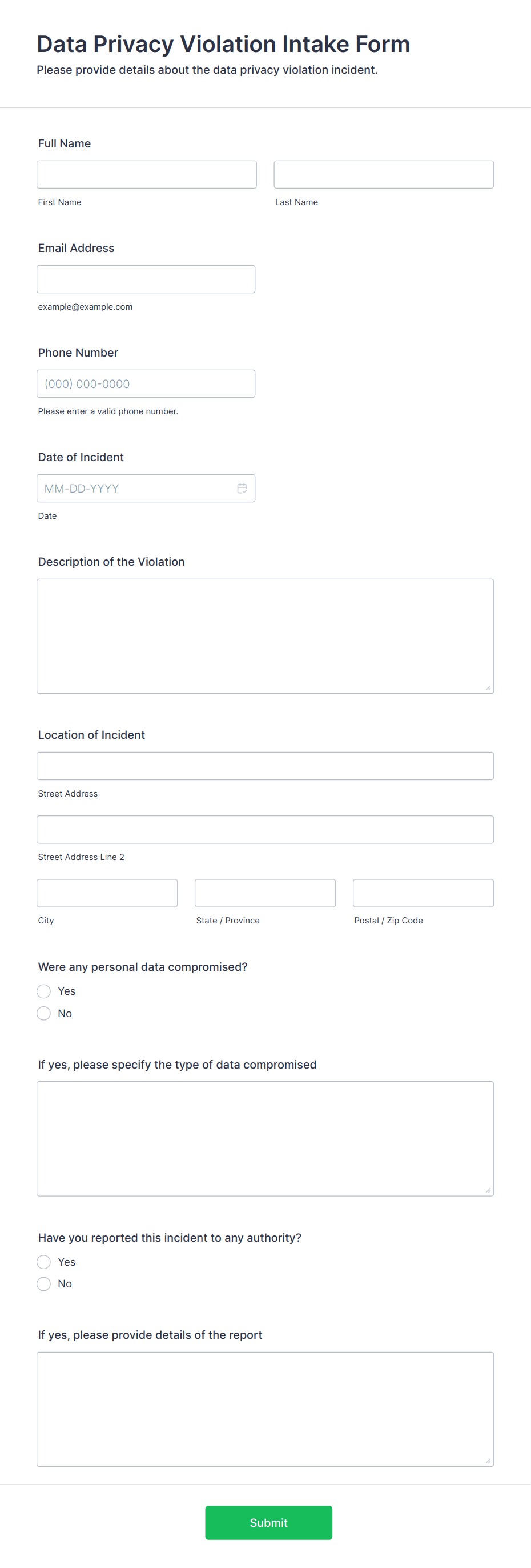 Data Privacy Violation Intake Form Template | Jotform