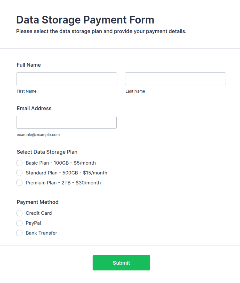 Data Storage Payment Form Template | Jotform