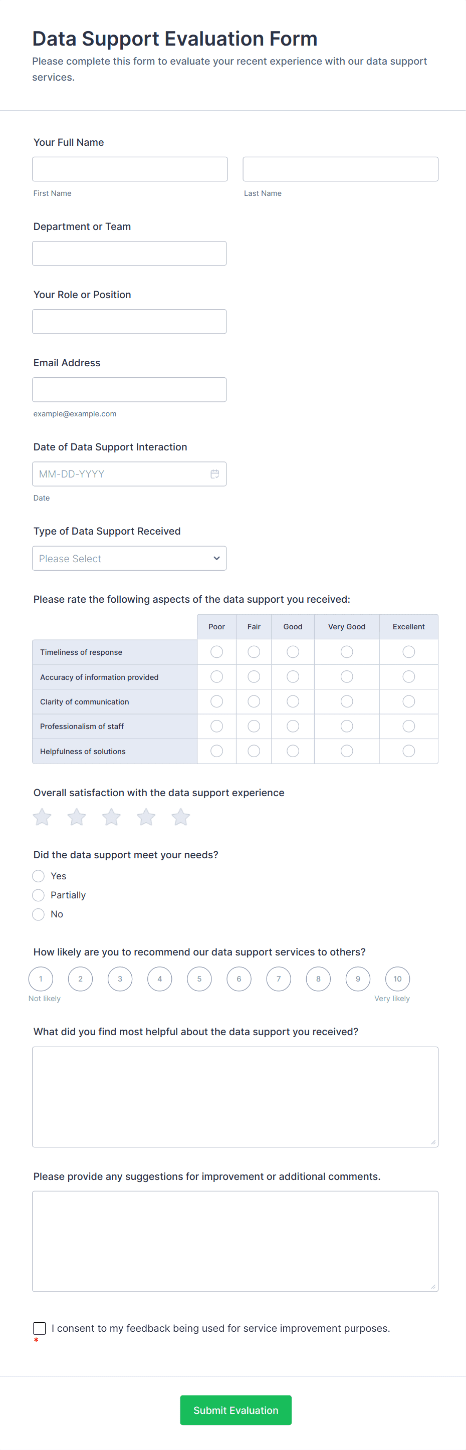 Data Support Evaluation Form Template | Jotform