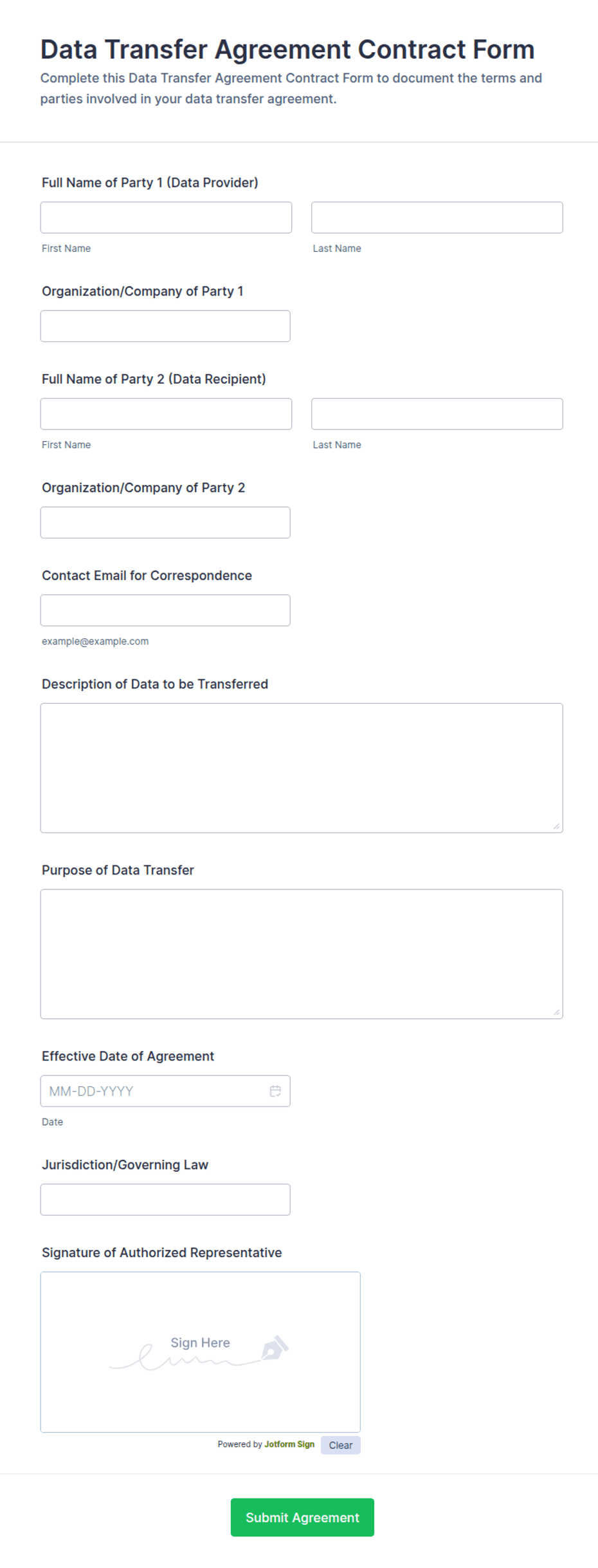 Data Transfer Agreement Contract Form Template | Jotform