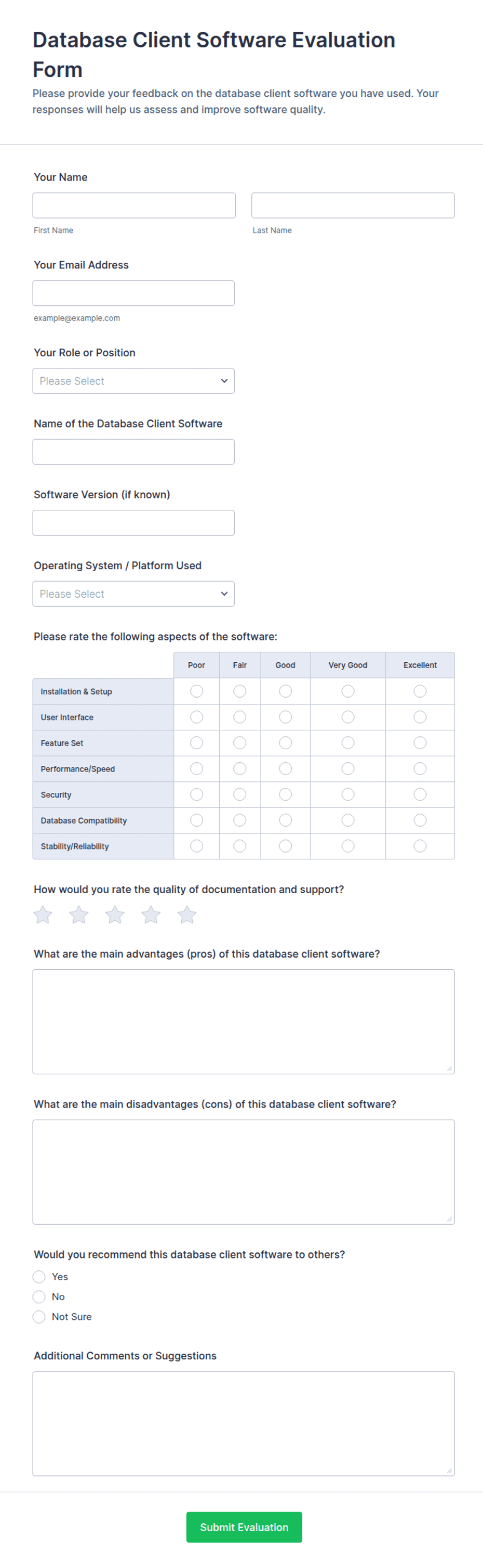 Database Client Software Evaluation Form Template | Jotform