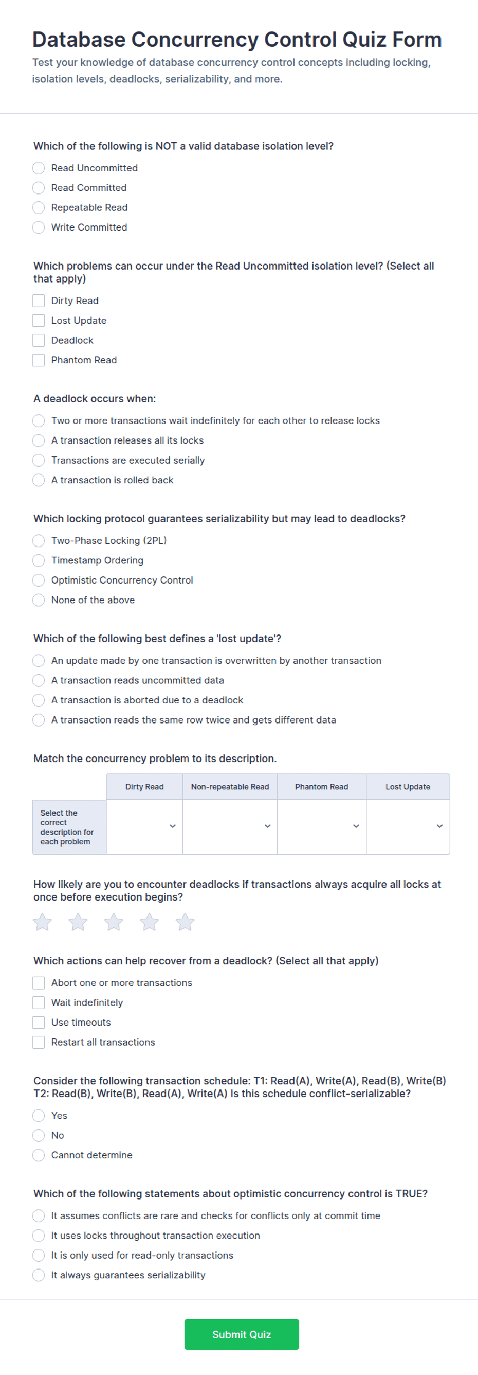 Database Concurrency Control Quiz Form Template | Jotform