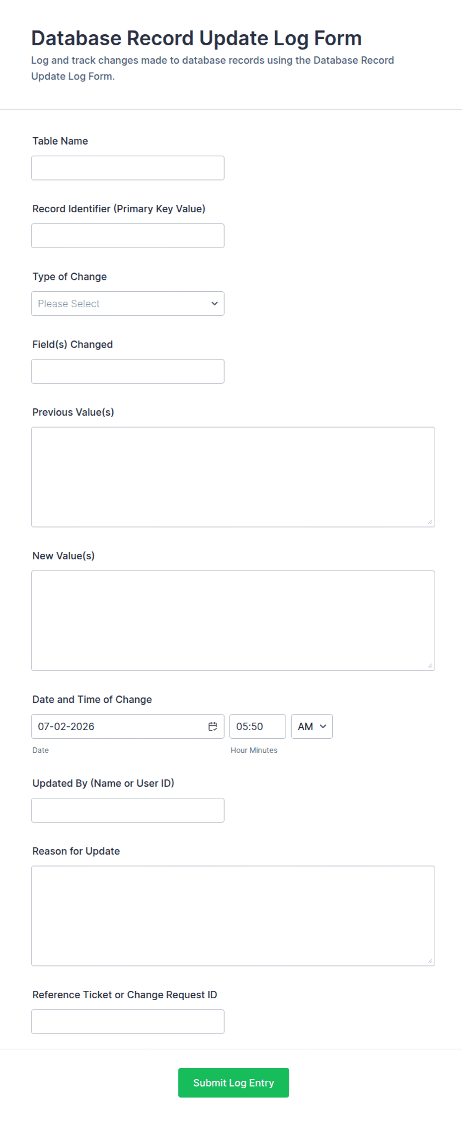 Database Record Update Log Form Template | Jotform