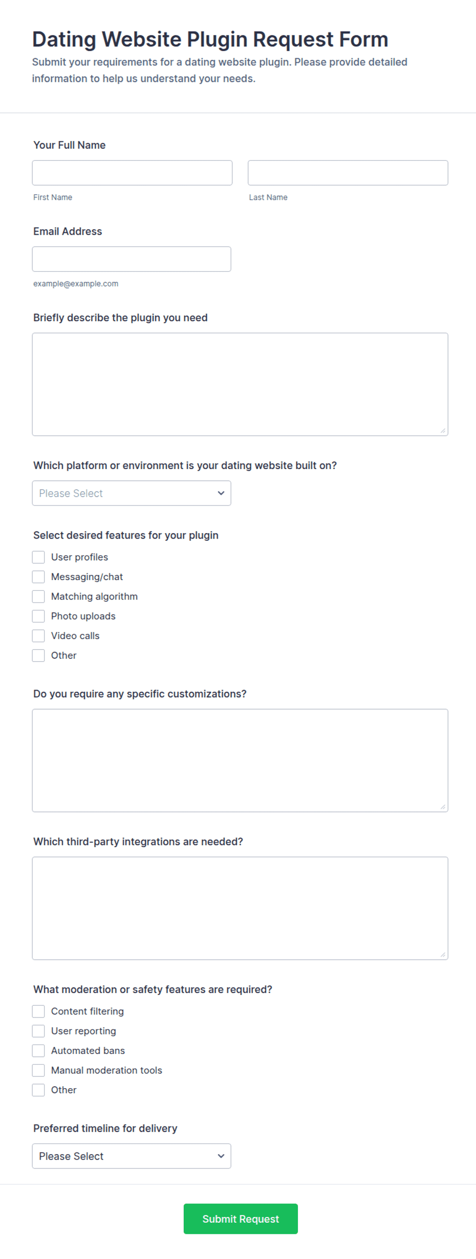 Dating Website Plugin Request Form Template | Jotform