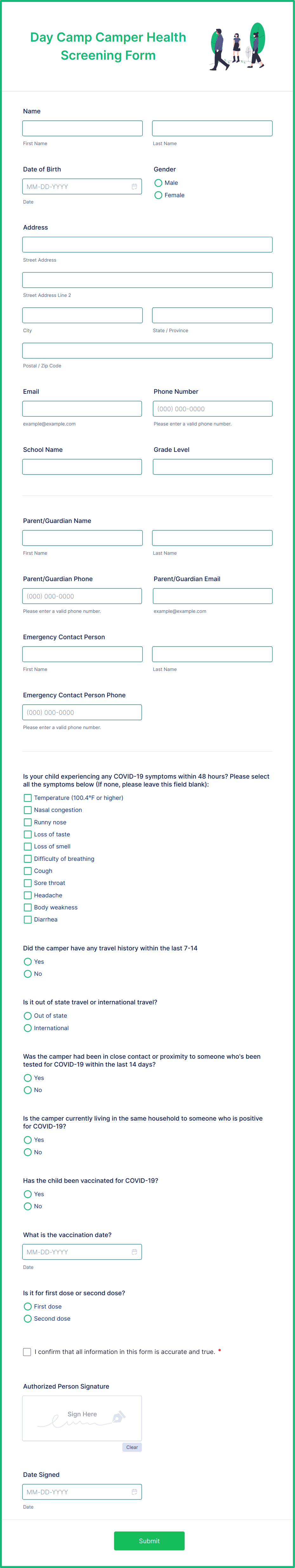 Day Camp Camper Health Screening Form Template | Jotform