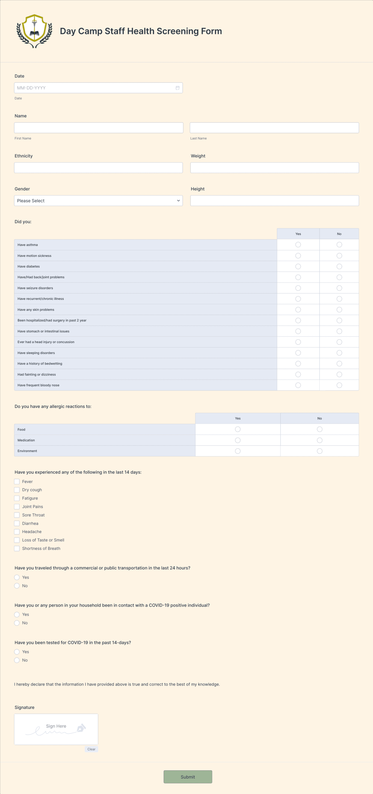 Day Camp Staff Health Screening Form Template | Jotform