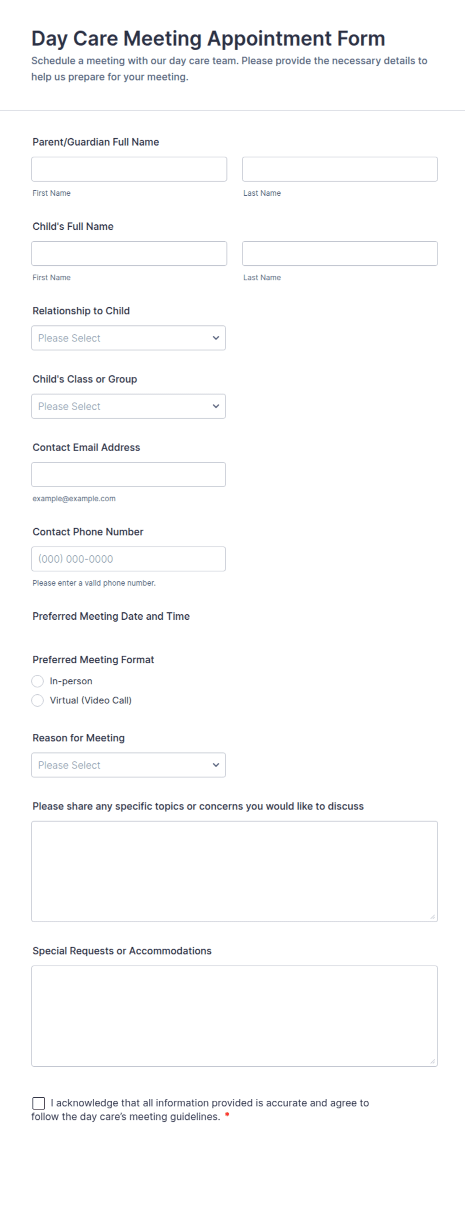Day Care Meeting Appointment Form Template | Jotform