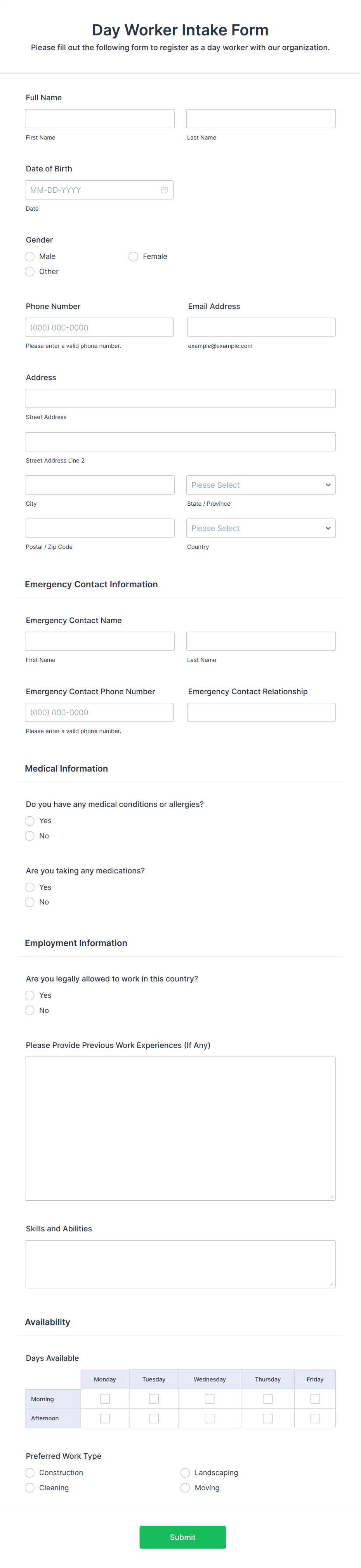Day Worker Intake Form Template | Jotform